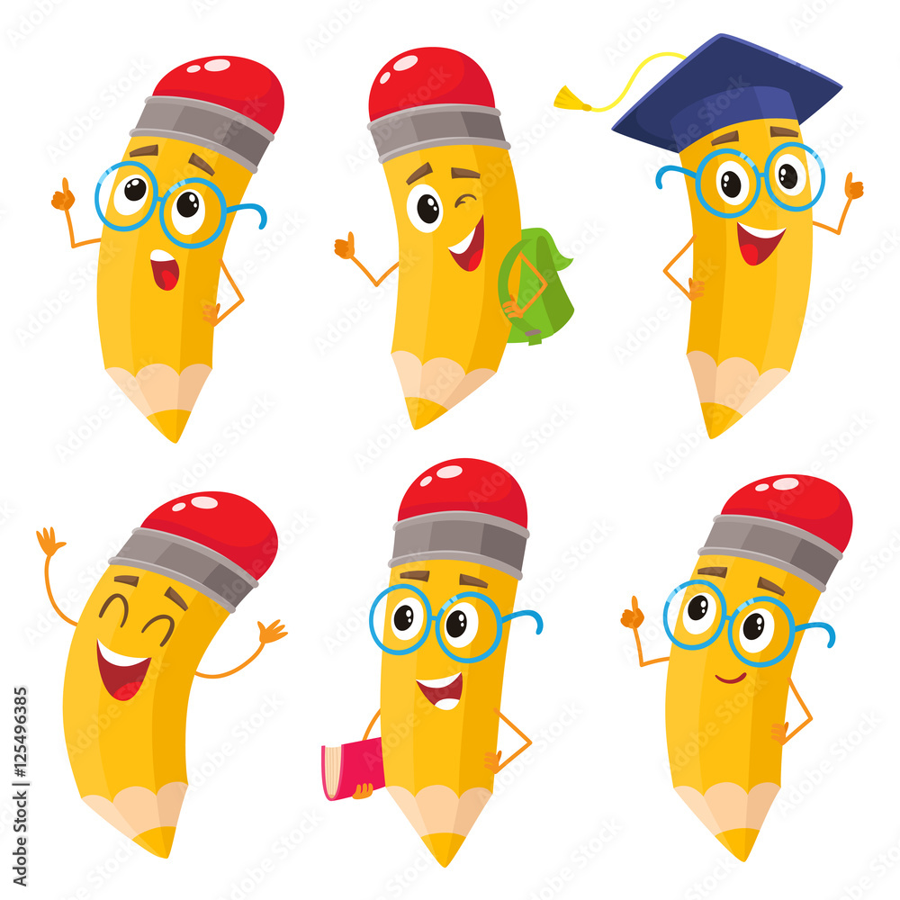 Set of happy cartoon pencils with books, backpack, glasses, graduation ...
