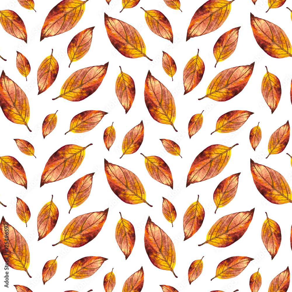 Orange watercolor autumn leaves seamless pattern, hand paint red ...