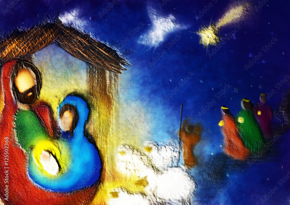 Poster Christmas nativity religious Bethlehem crib scene, with Holy ...