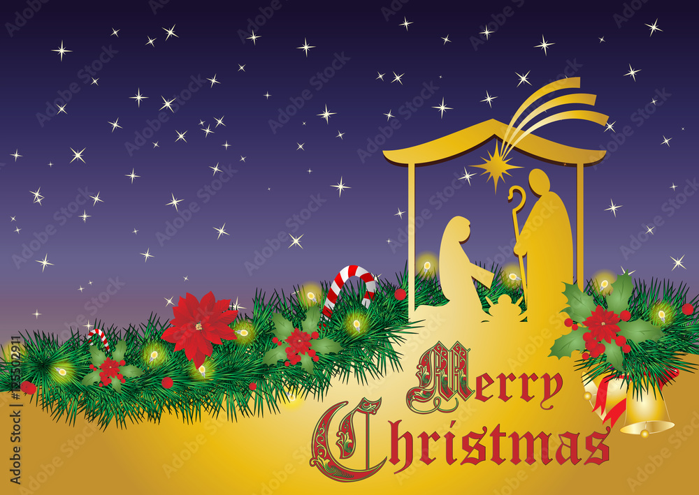 Christmas nativity religious Bethlehem crib scene, with Holy family of ...