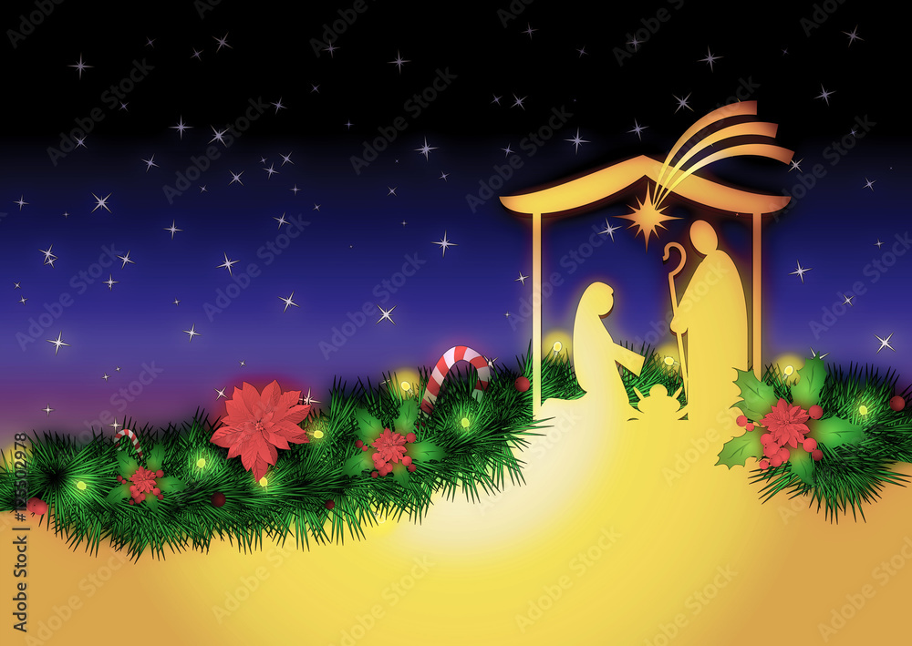 Christmas nativity religious Bethlehem crib scene, with Holy family of ...