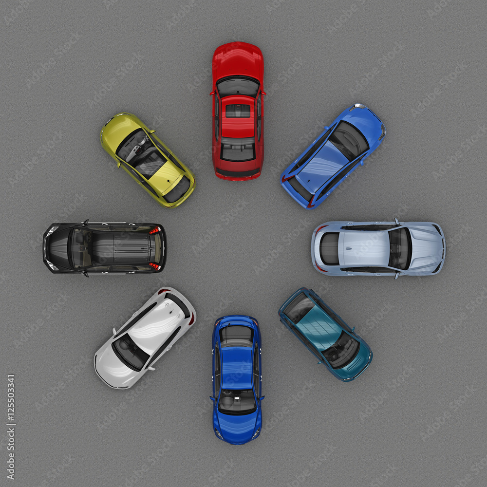 cars standing in the shape of a circle. top view 3d rendering Stock ...