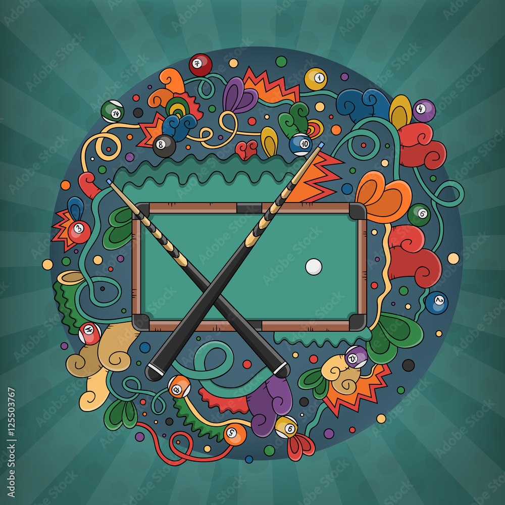 Vector hand drawn doodle template of billiard, pool and snooker for ...