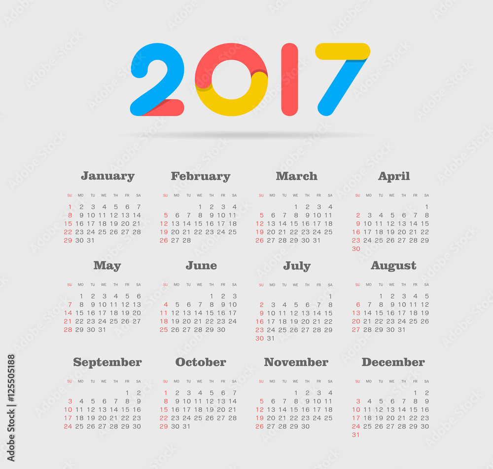 Vector Calendar 2017 year. Week Starts Sunday Stock Vector | Adobe Stock