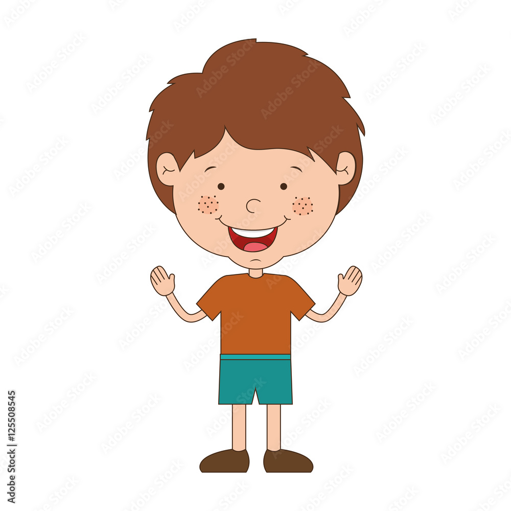 cartoon little boy smiling wearing t-shirt and shorts over white ...
