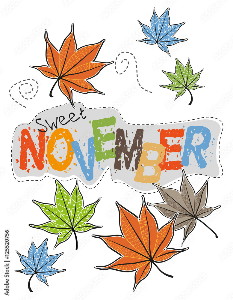 Background with autumn leaves and typography word November. Vector ...