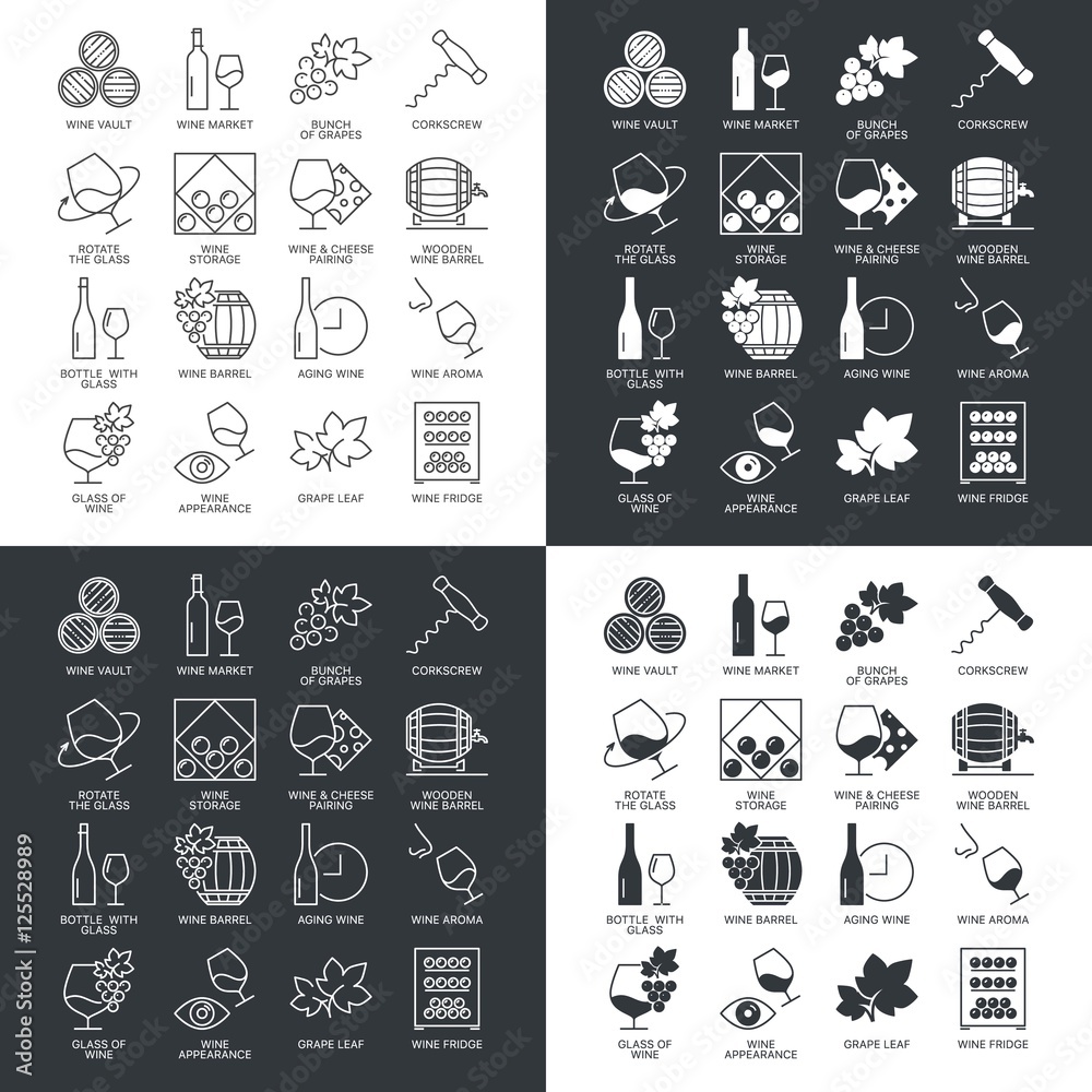 Thin line wine icons set isolated on dark and white. Web graphics ...