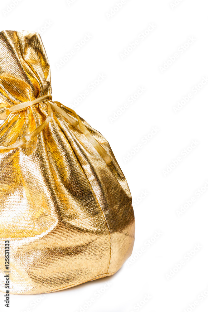 Sack of gold color filled to the brim with Christmas gifts. Isolated on ...