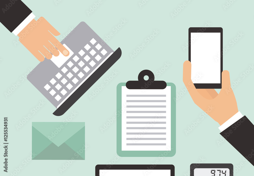 Pastel Flat Office Workspace with Digital Devices Illustration Stock ...