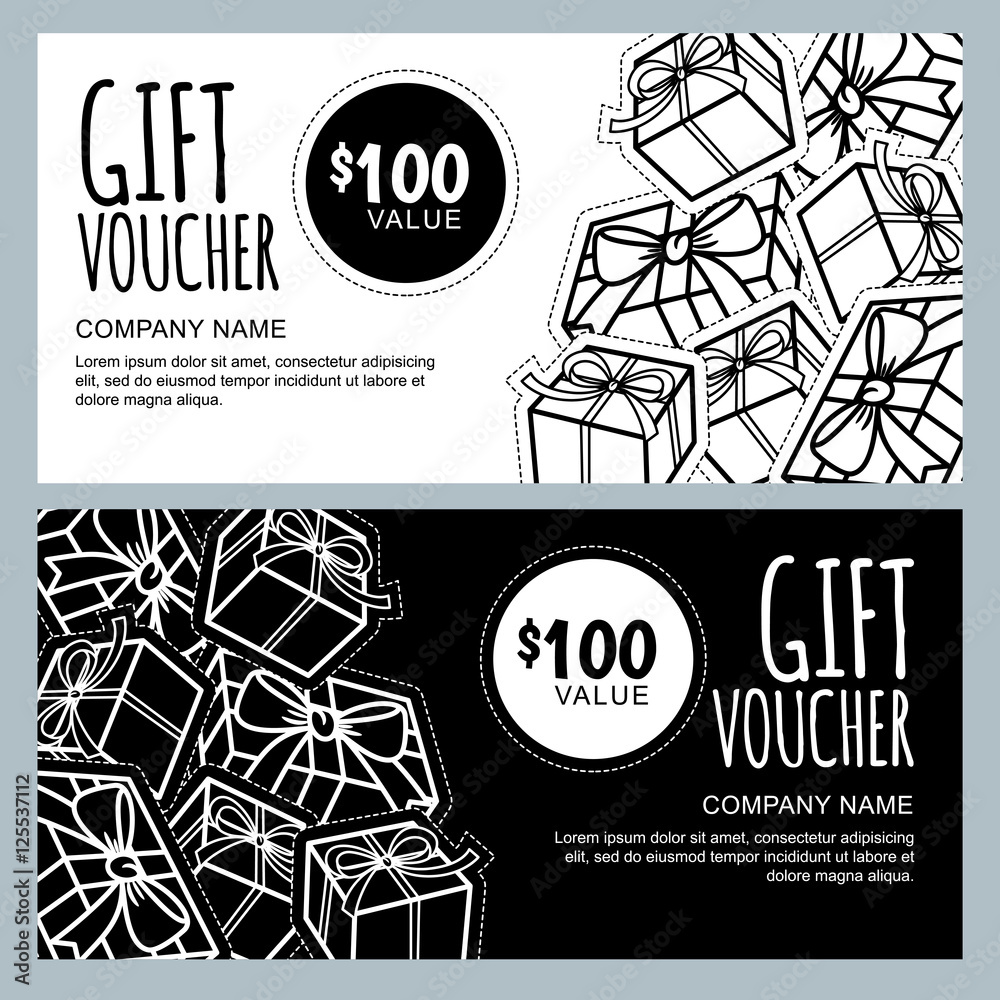 Vetor de Vector gift voucher template with gift box patches and stickers. Christmas or New Year ...