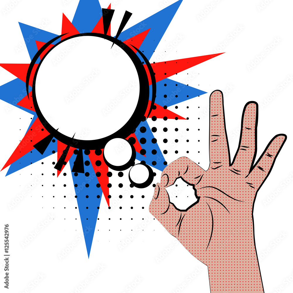 Hand sign comic retro pop art style white round bubble. Gestures okay ...