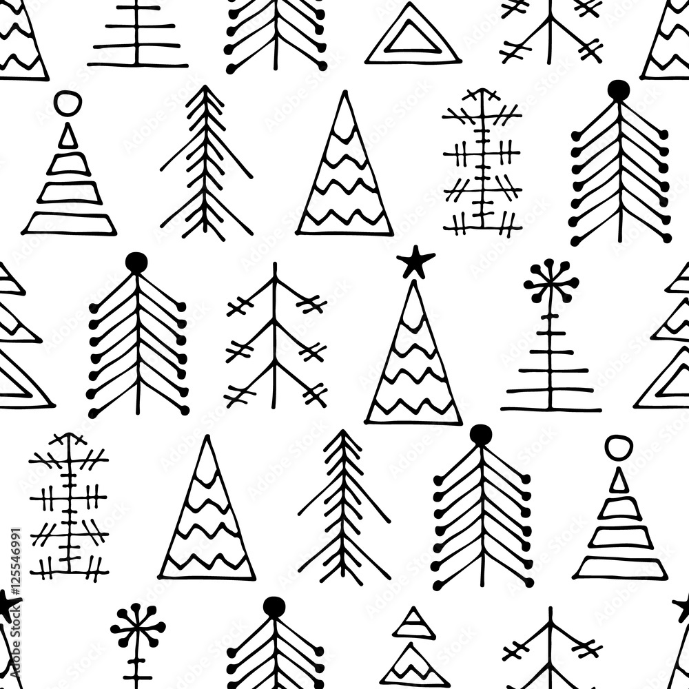 Seamless vector pattern with fir-trees. Black and white seasonal winter ...