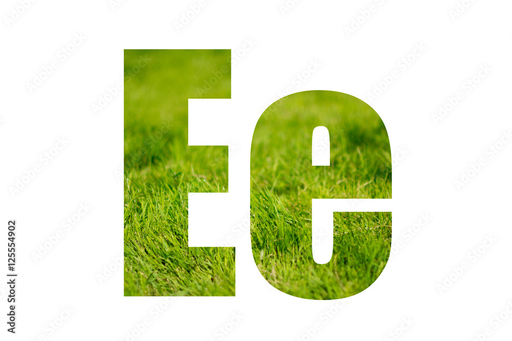 Double exposure with green grass. Letter E. Isolated on white ...