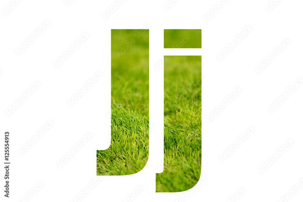 Double exposure with green grass. Letter J. Isolated on white ...