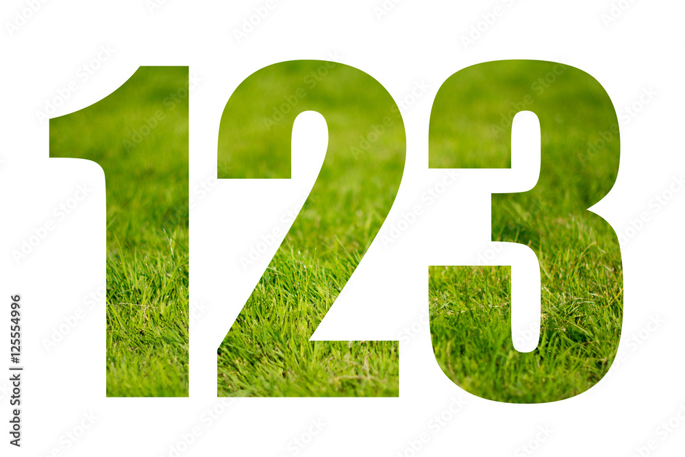 Double exposure with green grass. Number 1, 2, 3. Isolated on white ...