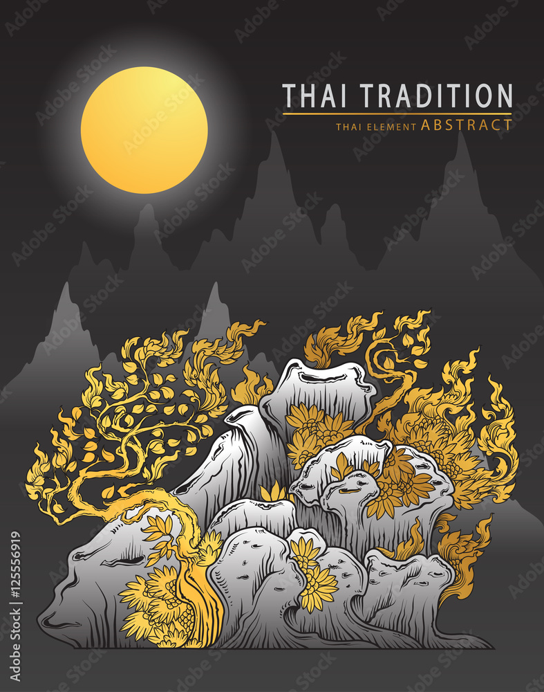 tree of thai tradition on mountain,stone of thai outline vector Stock ...