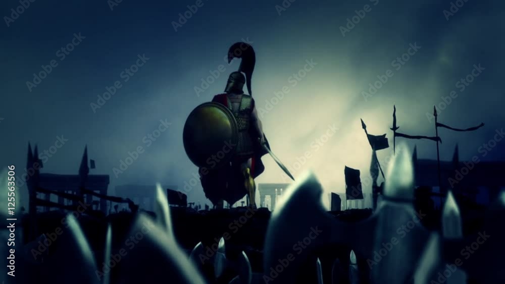 Victorious Greek Soldier with a Shield and a Sword Surrounded By Masive ...