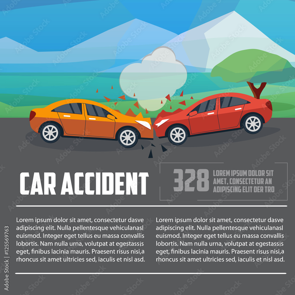 Car accident infographics. Car crash template flat style. Two cars hit ...