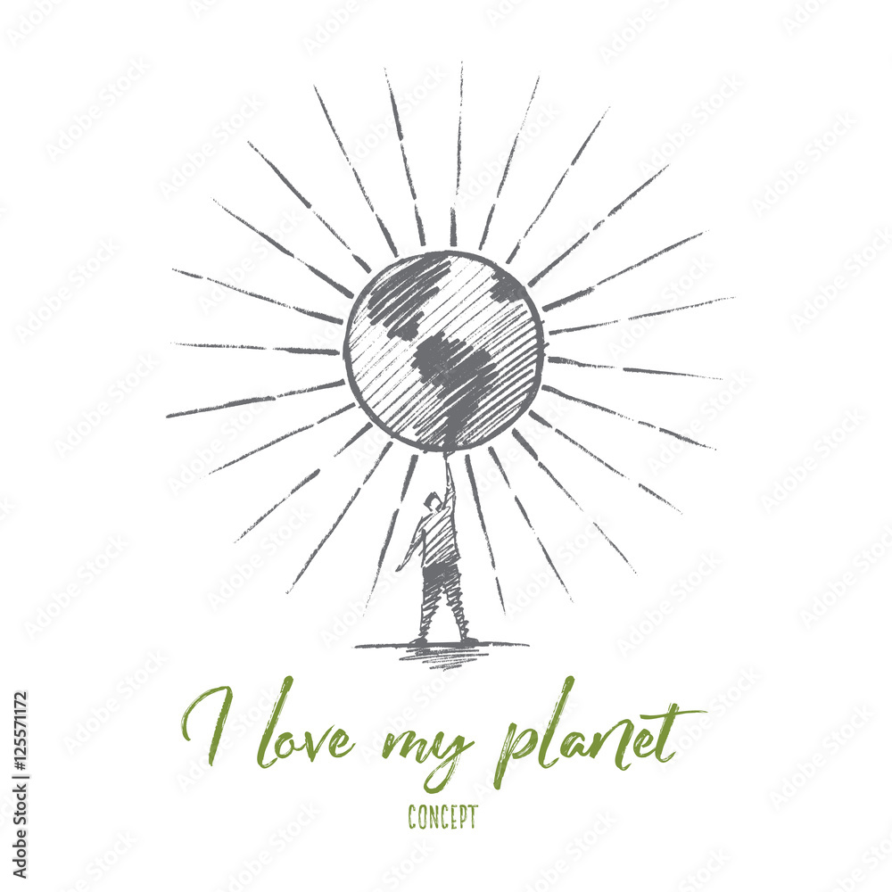 Vetor de Vector hand drawn I love my planet concept sketch. Man ...