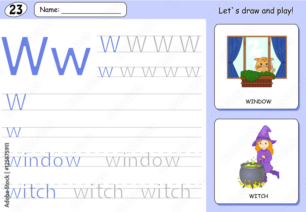 Cartoon witch and window. Alphabet tracing worksheet: writing A- Stock ...