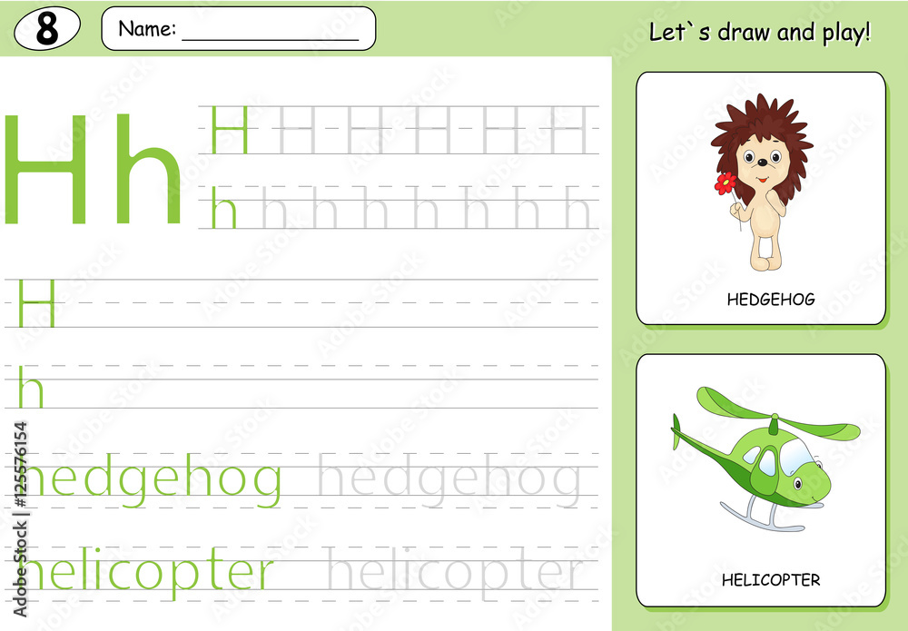 Vetor de Cartoon hedgehog and helicopter. Alphabet tracing worksheet ...
