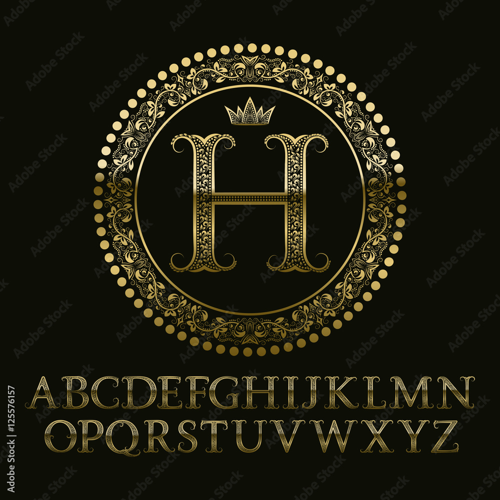 Floral patterned gold letters with H initial monogram. Baroque style ...