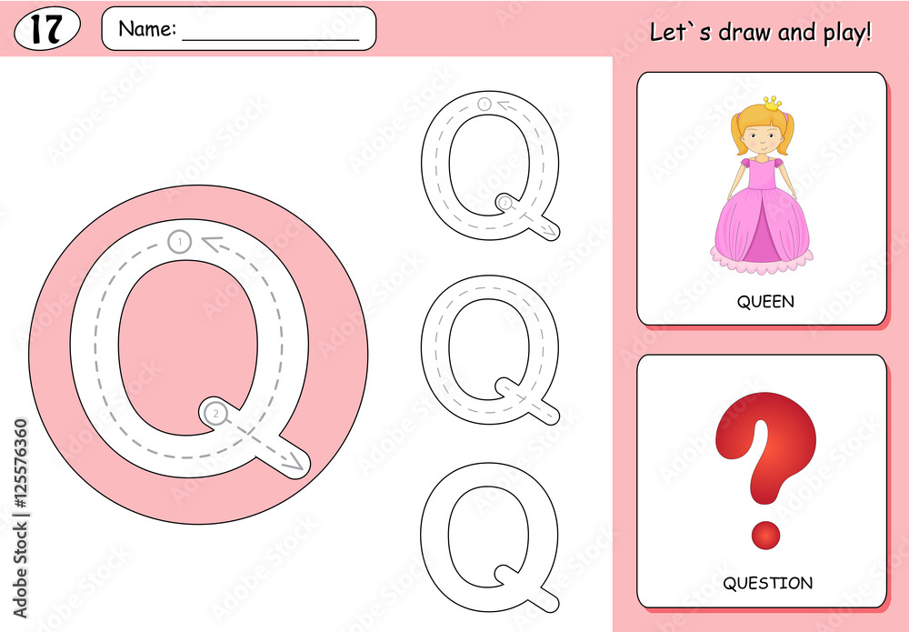 Cartoon queen and question. Alphabet tracing worksheet: writing Stock ...