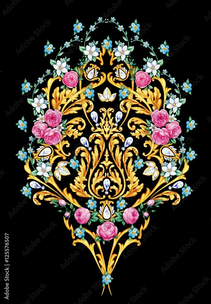 Golden Arabesque with Pink Roses , White and Blue Flowers Stock ...