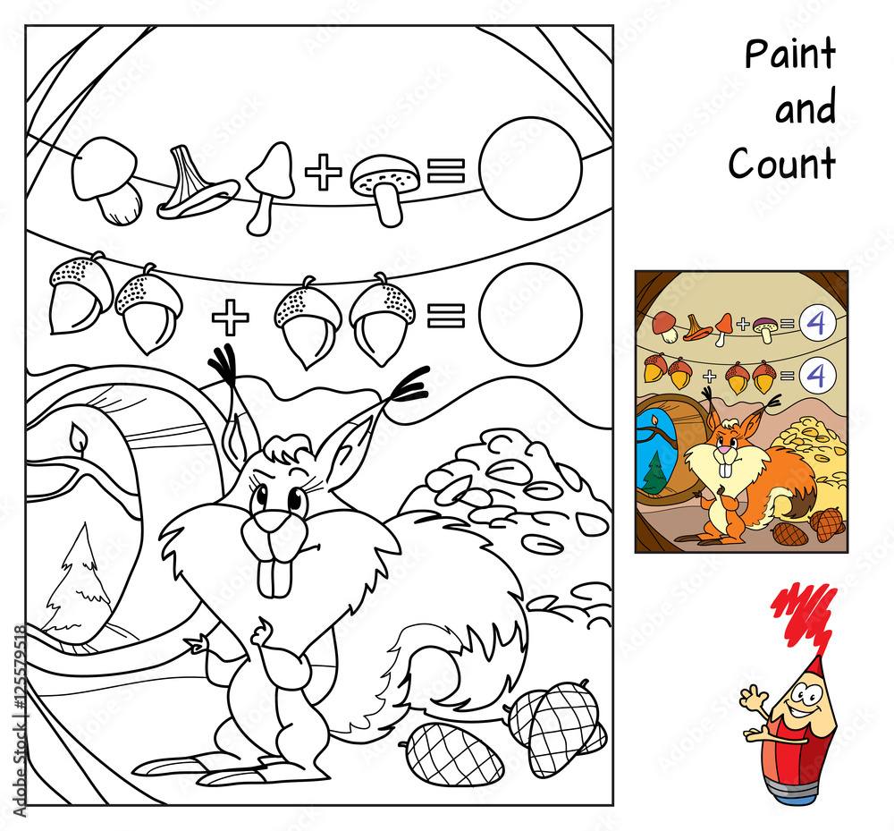 Thrifty squirrel. Education counting game for children. Coloring book ...