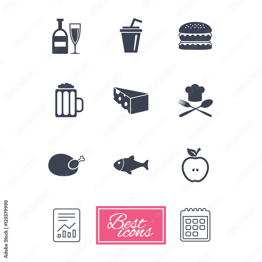 Food, drink icons. Beer, fish and burger signs. Stock Vector | Adobe Stock