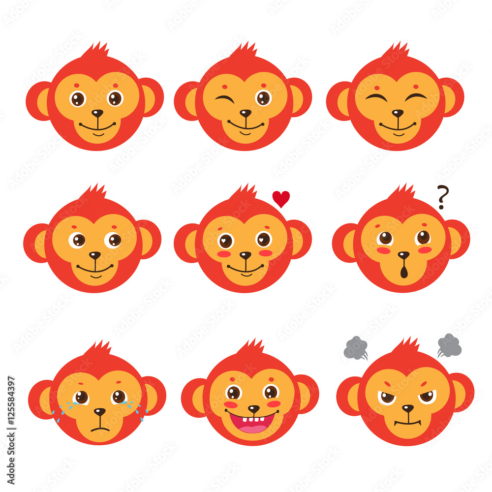 Monkey Emotion Faces. Cartoon Cute Monkeys. Vector Set. Cute Cartoon ...
