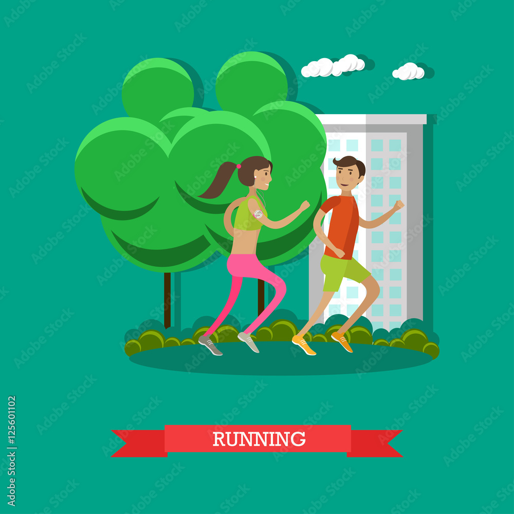 Running couple in a park. Sport fitness concept vector illustration in ...