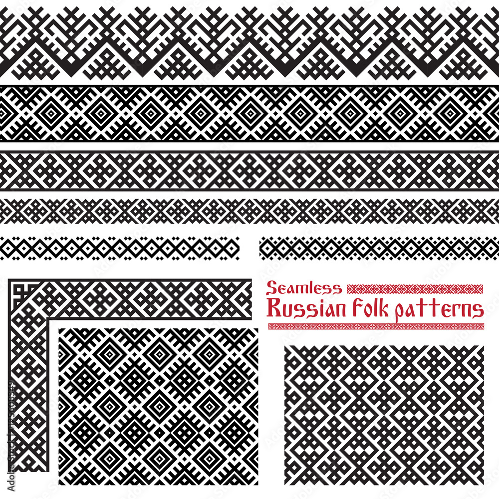 Seamless Russian folk patterns: borders, corner, fills. Patterns ...