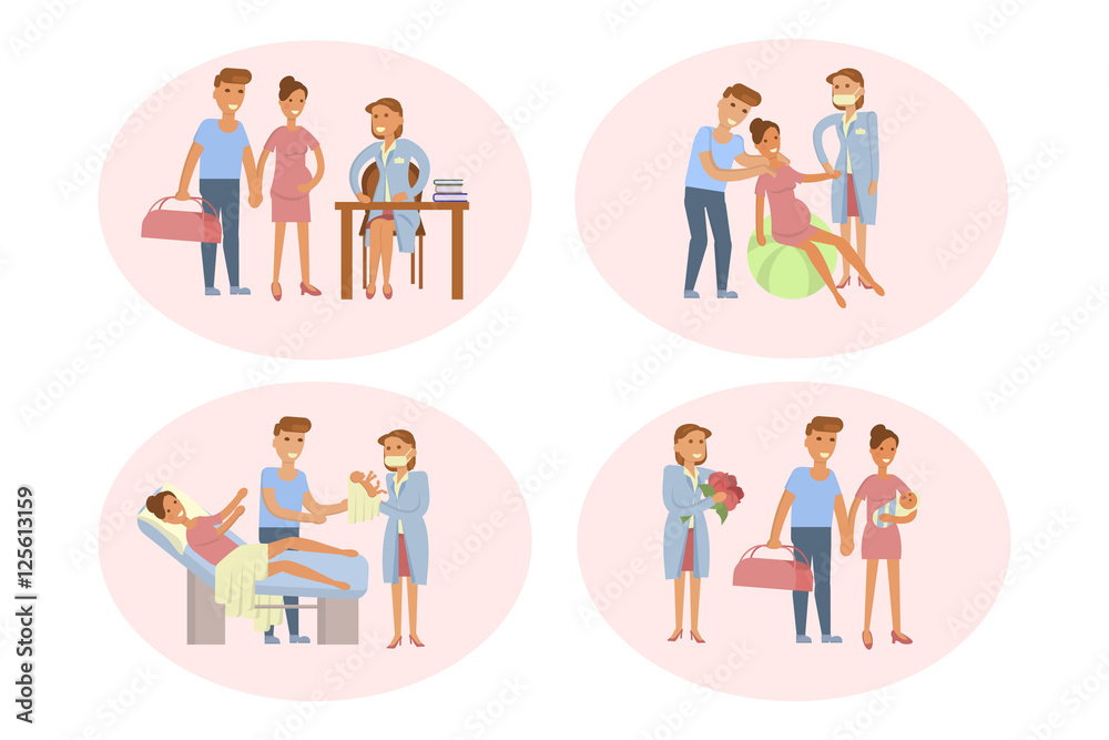 The process of giving birth concepts set. Woman during childbirth ...