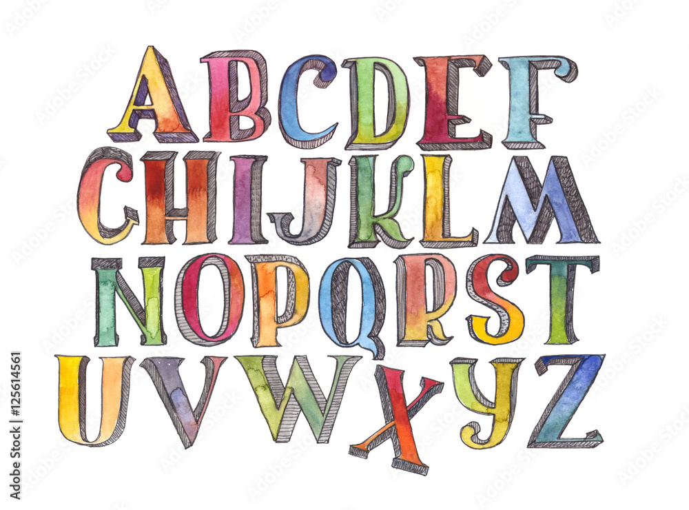 set of hand drawn watercolor letters sequence from A to Z isolated on ...