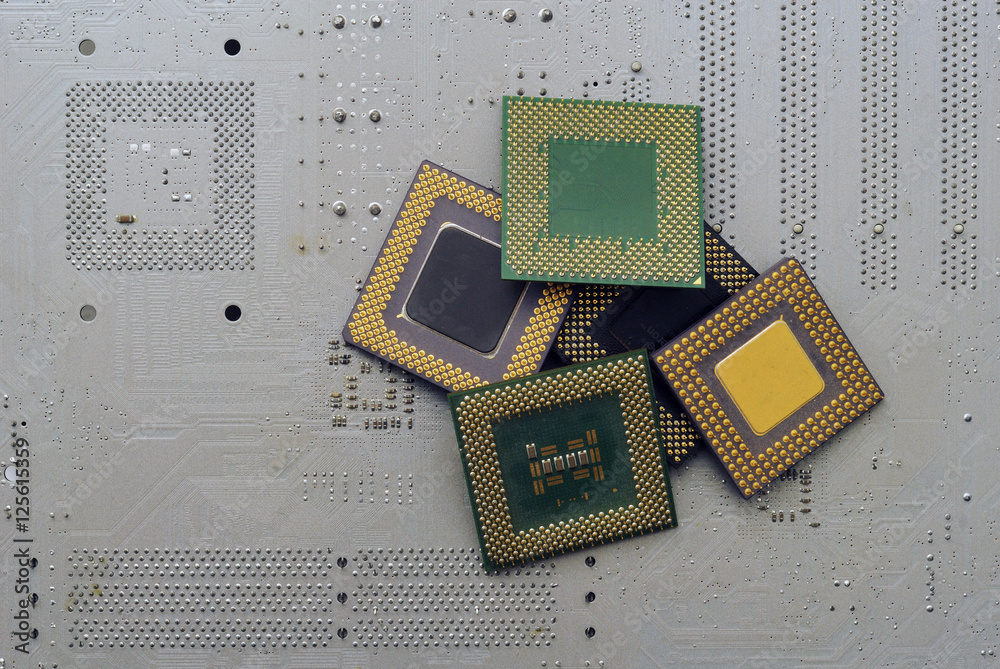 Stack of CPU processor and Circuit board / Motherboard. Electronic ...