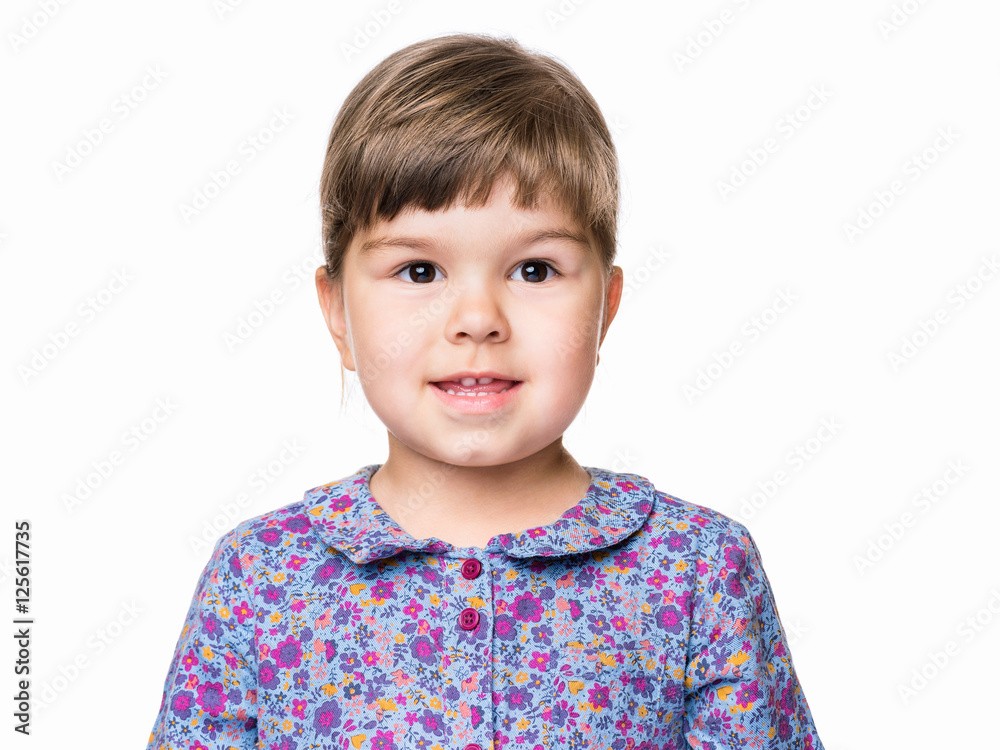 Emotional portrait of a 3 years old girl, smiling. Cute caucasian baby ...