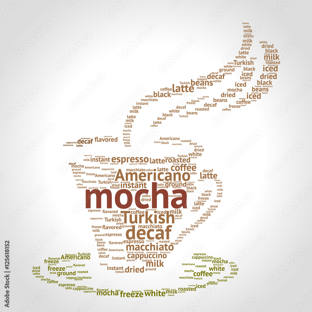 Mocha word cloud concept in shape of cup on gradient background. Vector ...