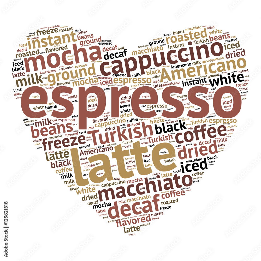 Espresso word cloud concept in shape of heart on white background. Vector illustration. Stock ...