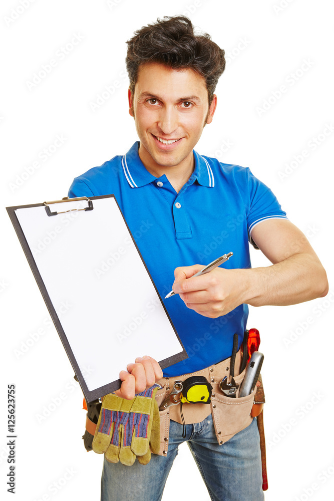 Handwerker mit Stift und Klemmbrett Stock Photo | Adobe Stock