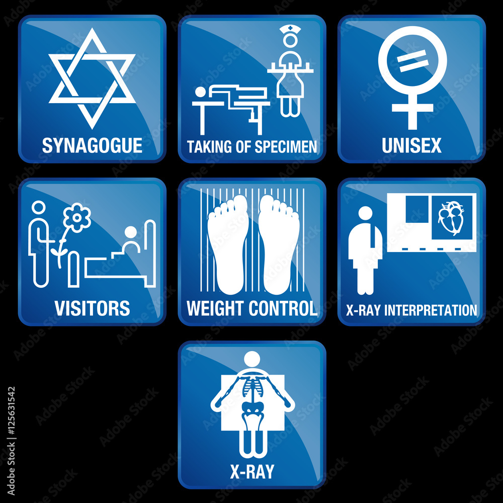 Set of Medical Icons in blue square background - SYNAGOGUE, TAKING OF ...