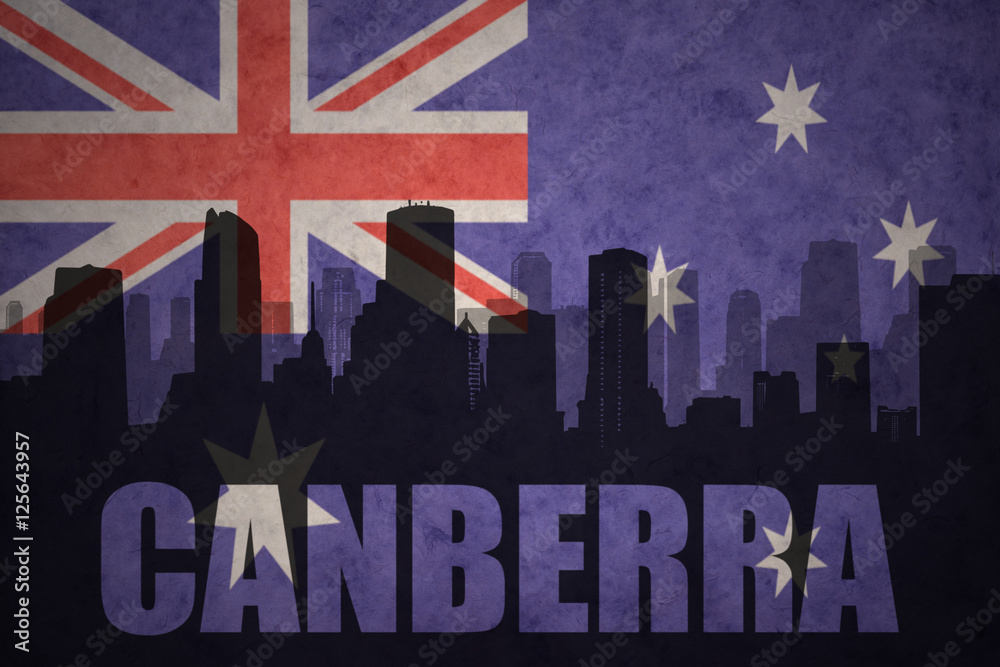 abstract silhouette of the city with text Canberra at the vintage ...