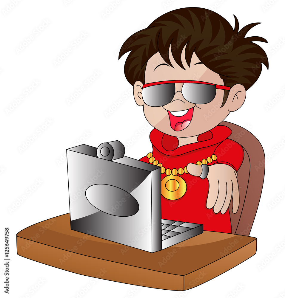 Vector of a man giving thumbs up and using computer. Stock 벡터 | Adobe Stock