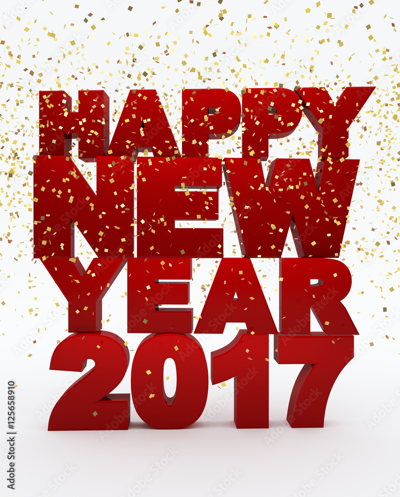 Red happy new year 2017 text with confetti rain on white background. 3d ...