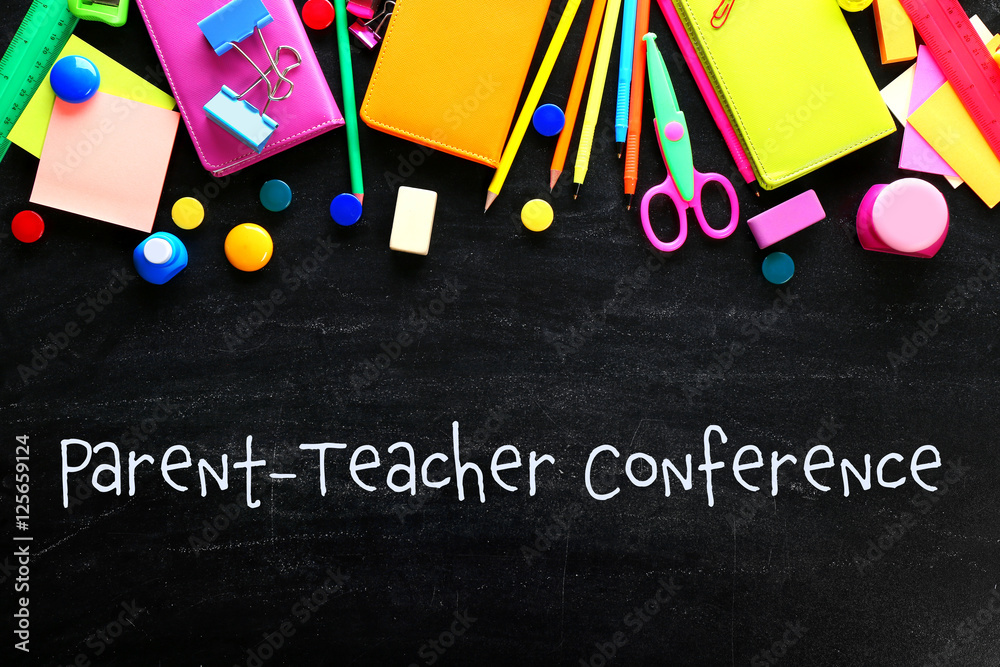 Text PARENT-TEACHER CONFERENCE with stationary on blackboard background ...
