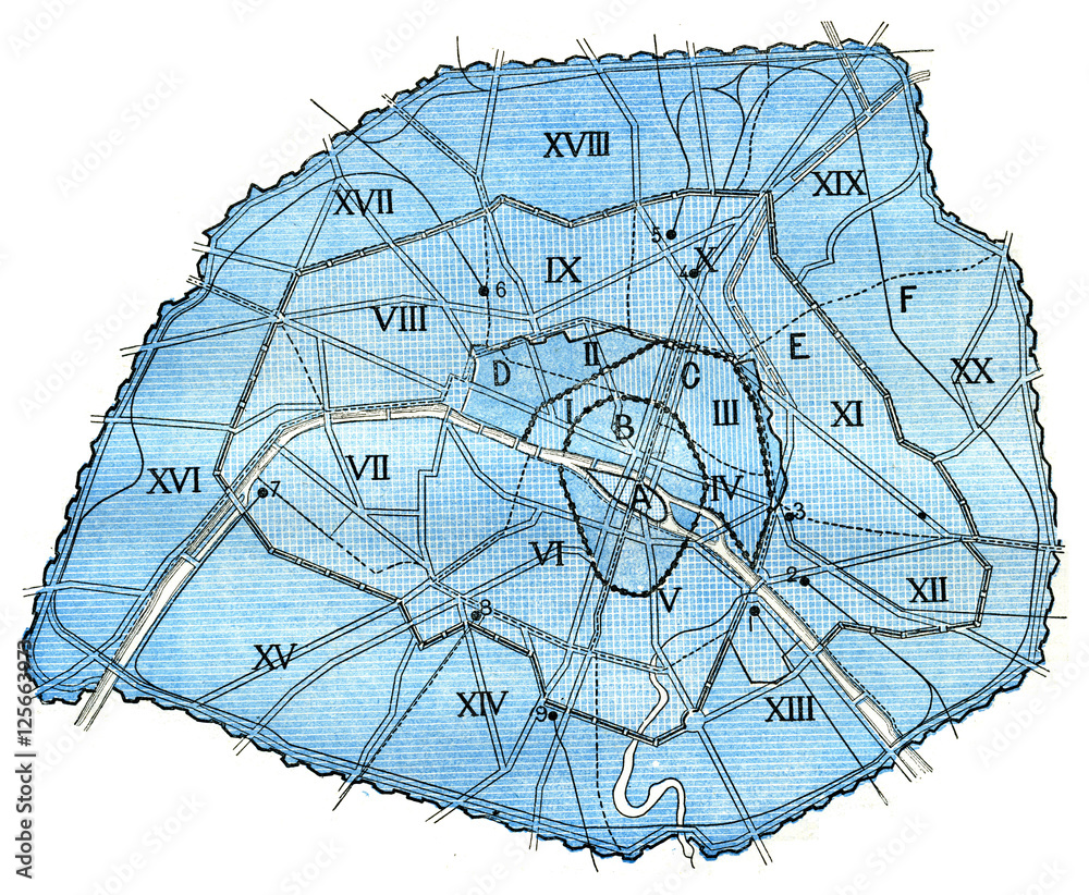 Map of concentric enclosures, Paris, vintage engraving. Stock Photo ...