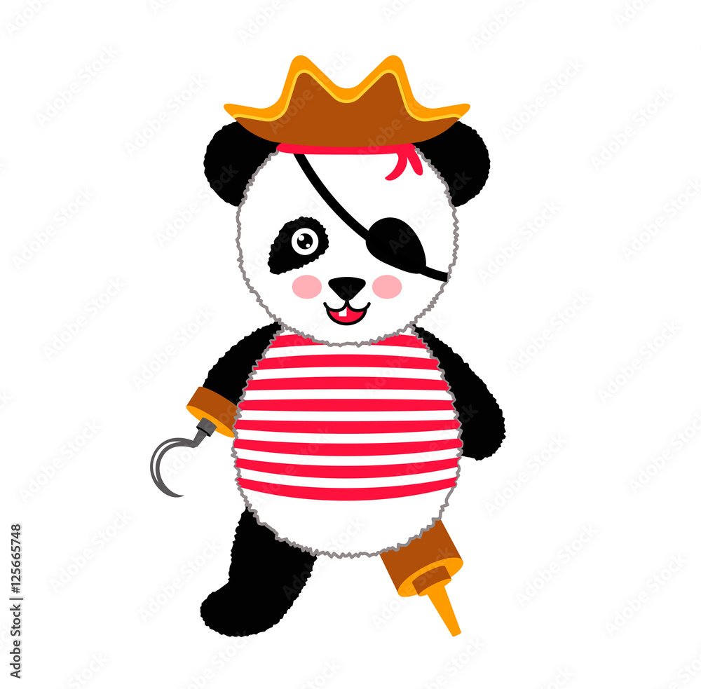 Cute panda pirate standing with hat and hook. Vector Illustration Stock ...