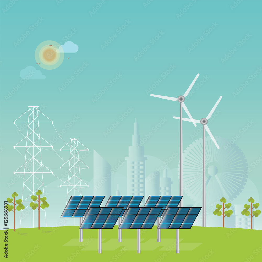 Solar energy panels and wind turbine. Stock Vector | Adobe Stock