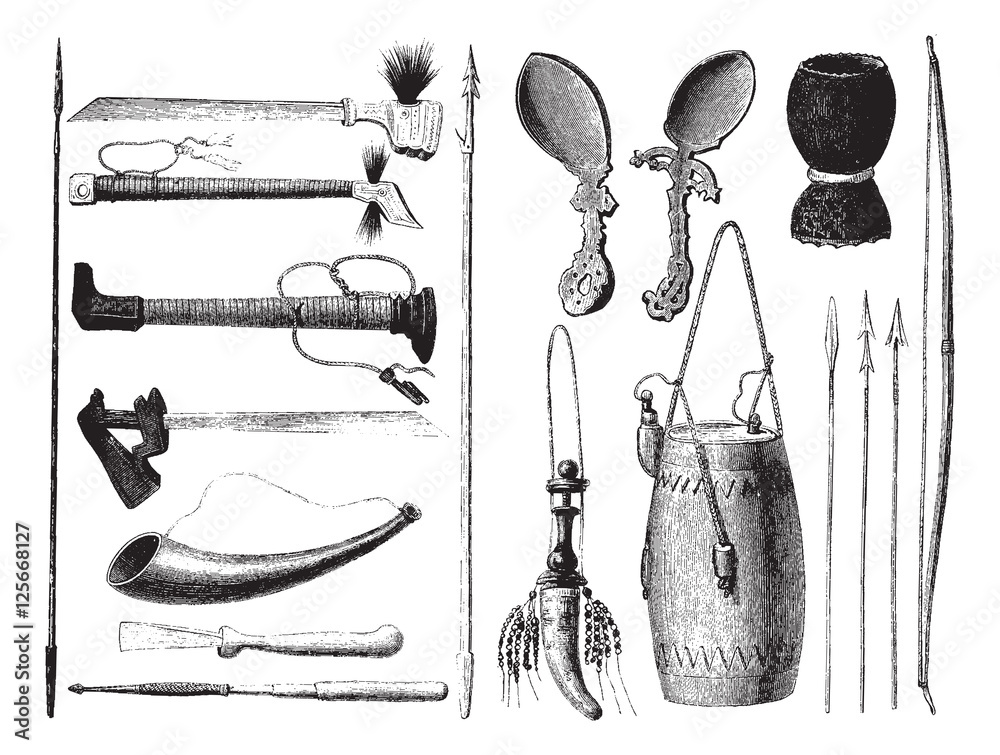 Weapons and utensils of the people of Timor, vintage engraving. Stock ...