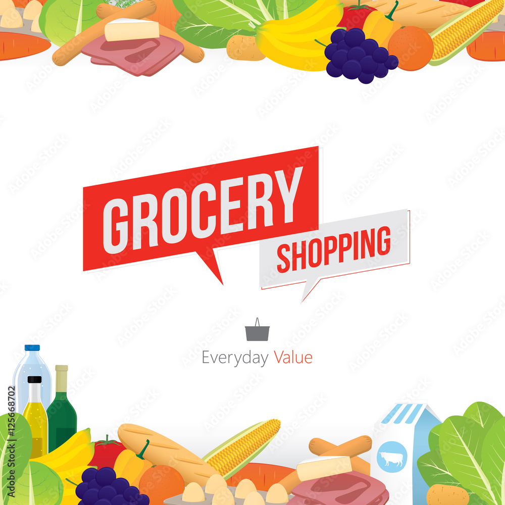 Vector illustration of grocery shopping background with various of ...